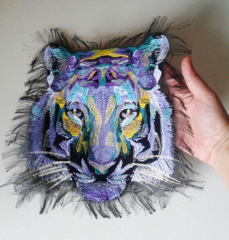 Moks236(p) Large Lilac Tiger Embroidered Patch, Designer Patch, Animal ...