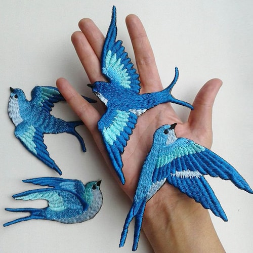 Moks131p Embroidered Patches Blue Bird Swallow - Etsy
