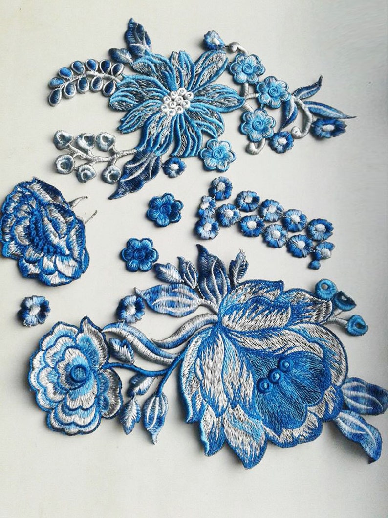 Moks103(p) Set Fantasy Blue Flowers Embroidery Patch, Designer Patch ...