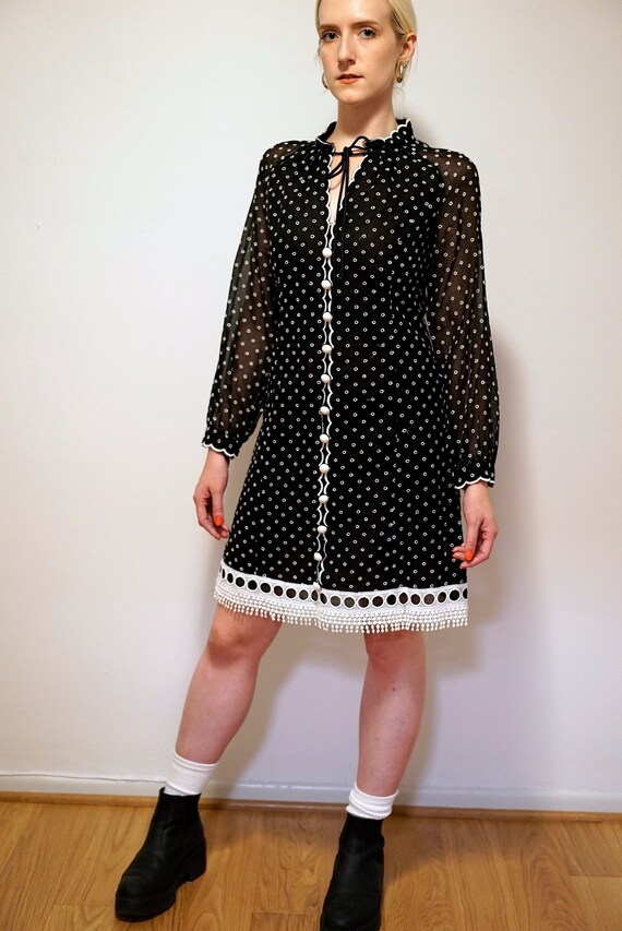 Mod 1960s Fitted Black Dress with Graceful Burnt-out … - Gem