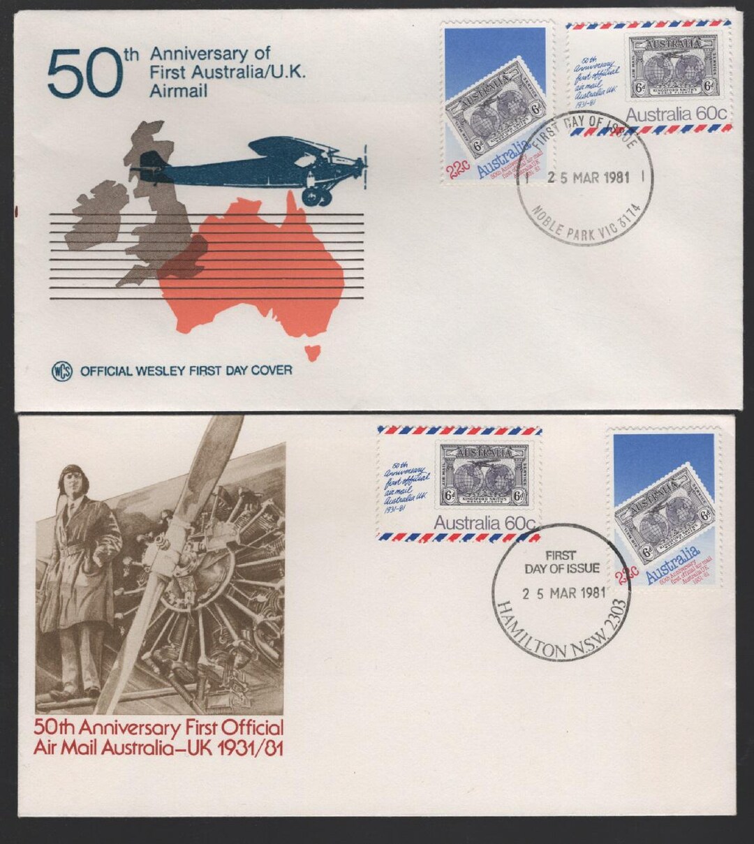 First AUSTRALIA/UK 50th Anniversary First Airmail 1981 Pair of Fdc's ...