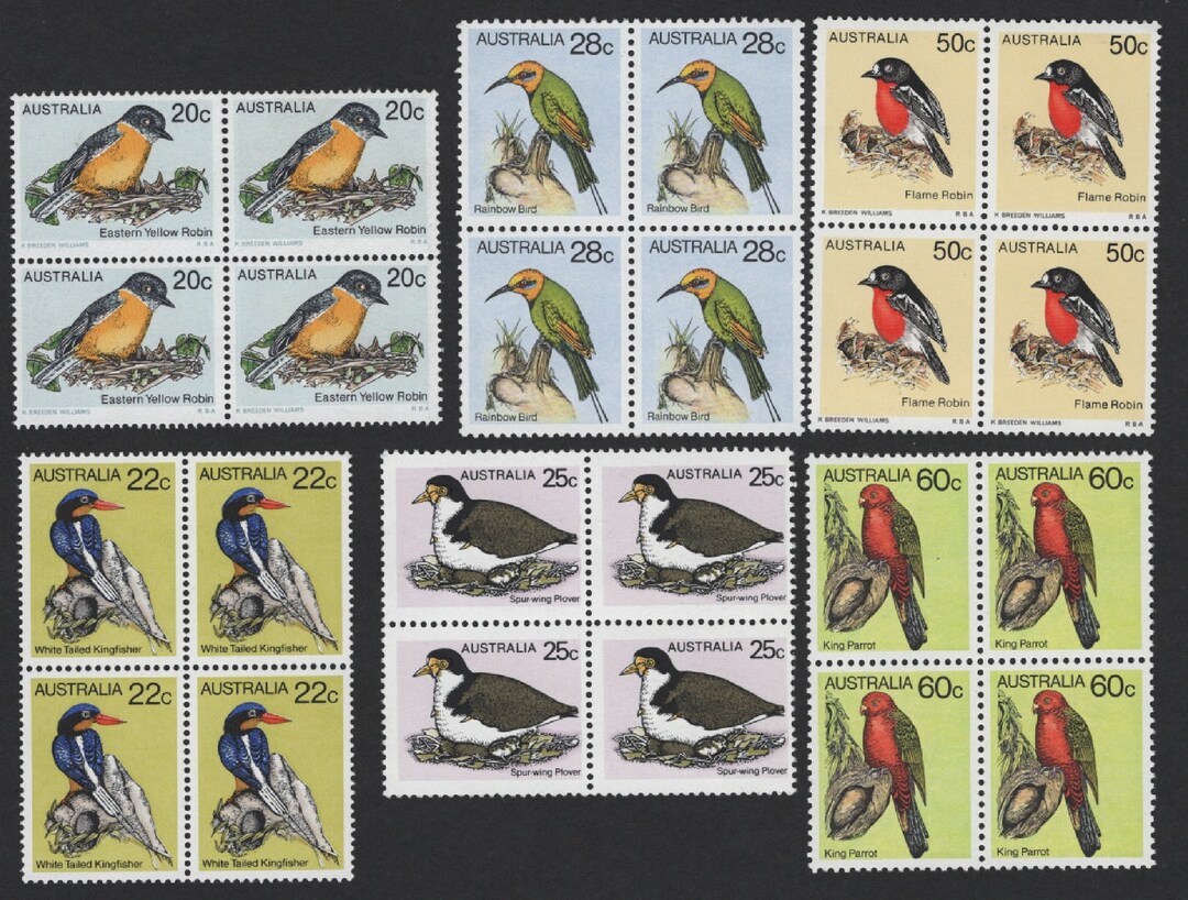 Australia 1980's BIRDS Blocks of 4 MUH Stamps Robin, Rainbow Bird ...