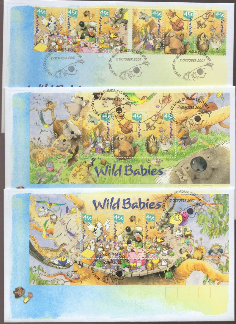 Australia WILD Babies CARTOON Characters Baby Animals Set of 3 FDCS ...