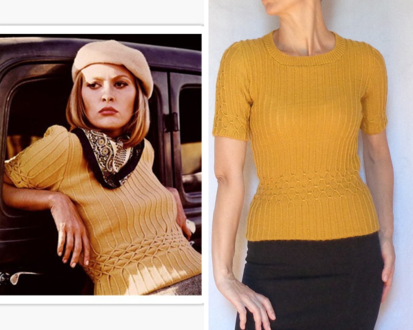 Bonnie and Clyde Smock Stitch Sweater Movie Knits Iconic Mustard Yellow ...