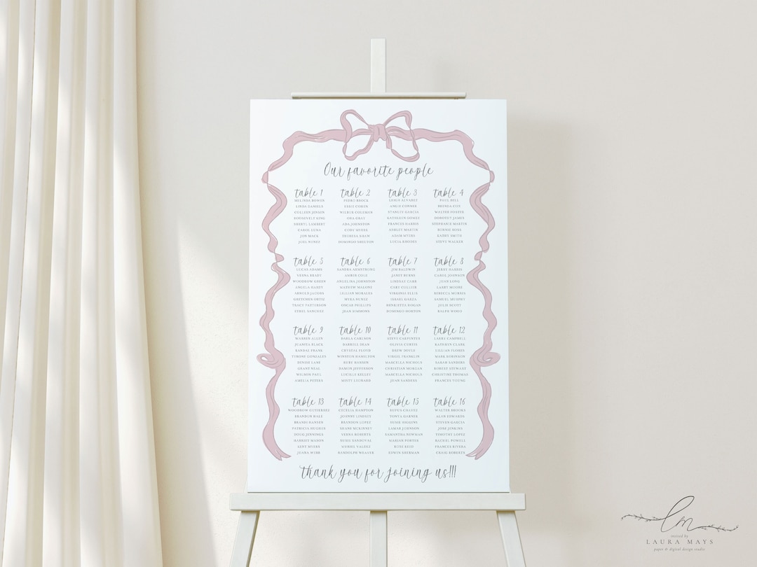 EMILY | Pink Bow Seating Chart Template, Reception Signage Simple ...
