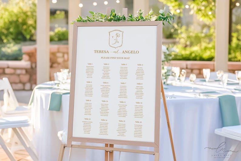 TERESA | Minimalist Seating Chart Template, Crest & Monogram Editable ...