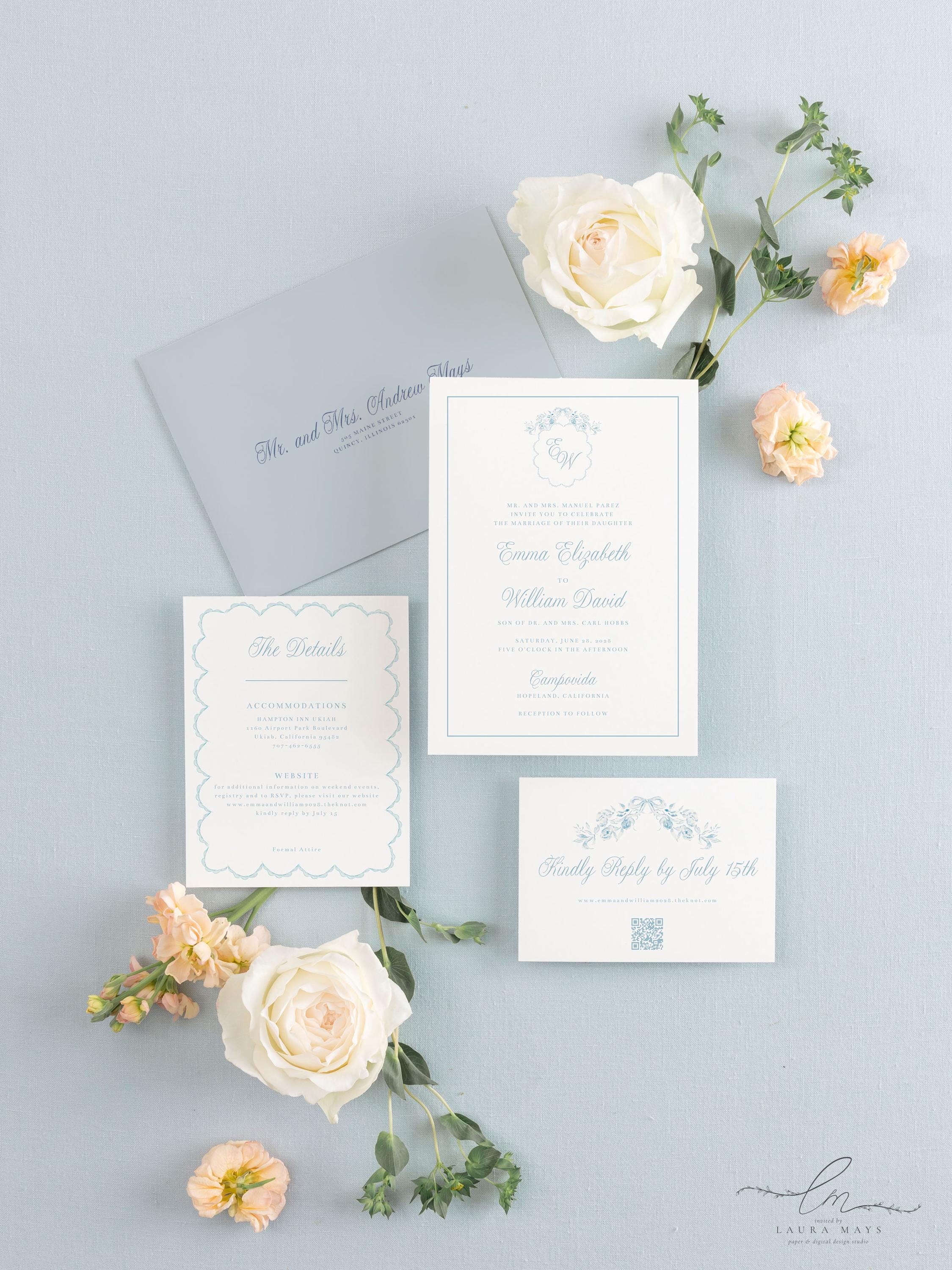 EMMA | Simple Blue Watercolor Floral Wedding Invitation Template ...