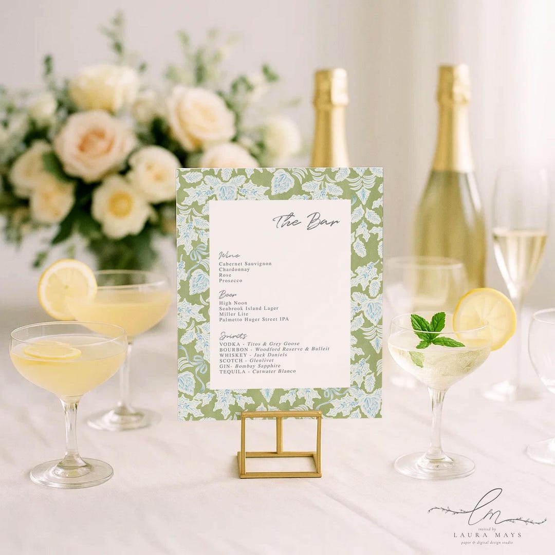 OLIVIA | Garden Wedding Bar Menu Sign Template | Watercolor Florals ...