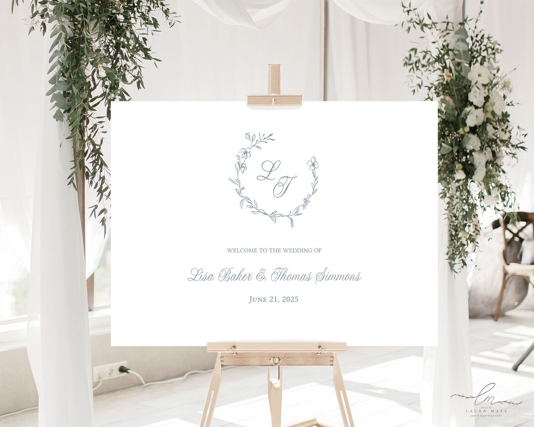 LISA | Wedding Monogram Welcome Sign Template With Blue Botanical ...