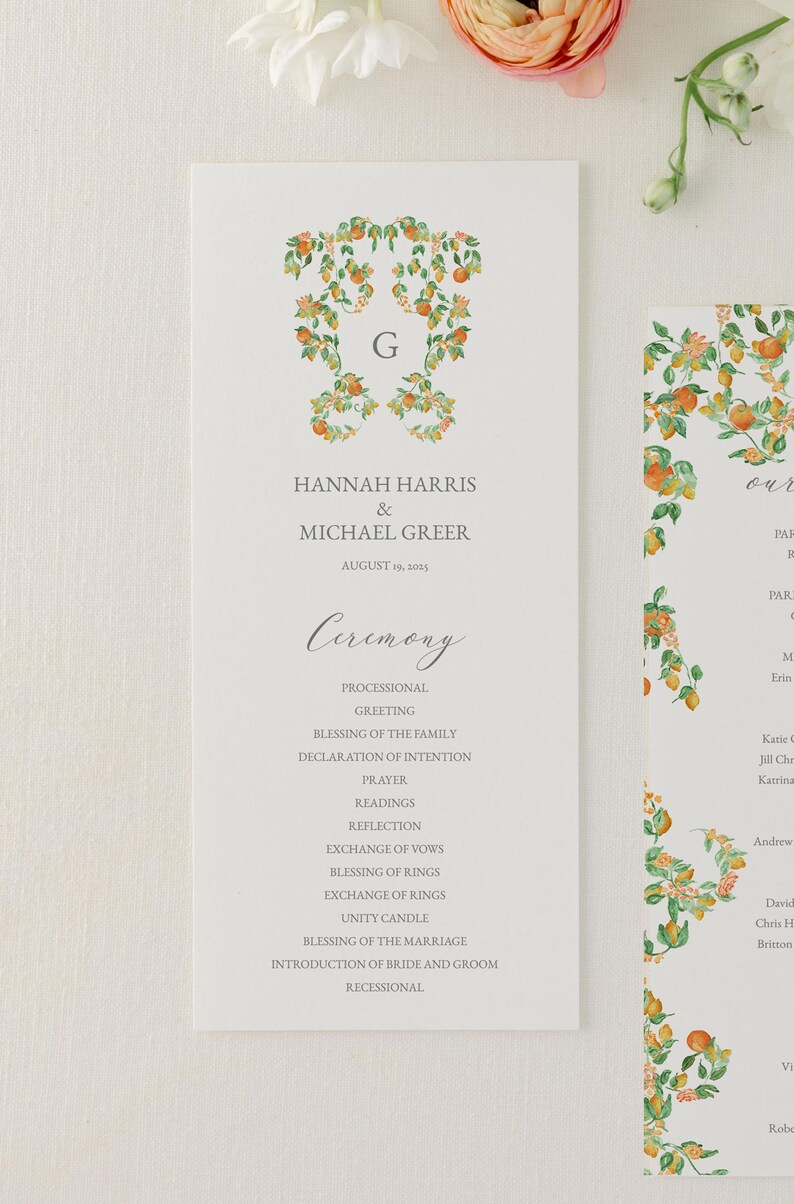 HANNAH | Orange Citrus Program Template, Printable Italian Vine Wedding ...
