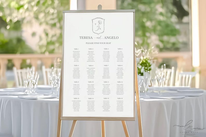 TERESA | Minimalist Seating Chart Template, Crest & Monogram Editable ...
