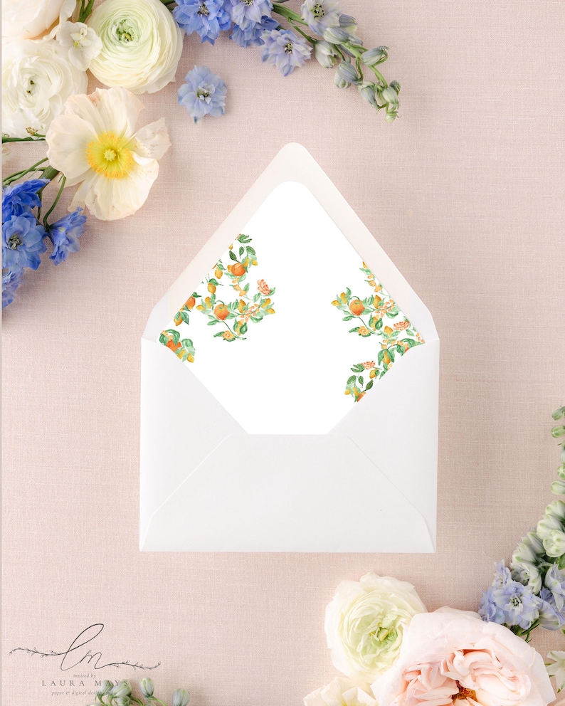 JESSICA | Orange Wedding Envelope Liner | Watercolor Citrus & Greenery ...