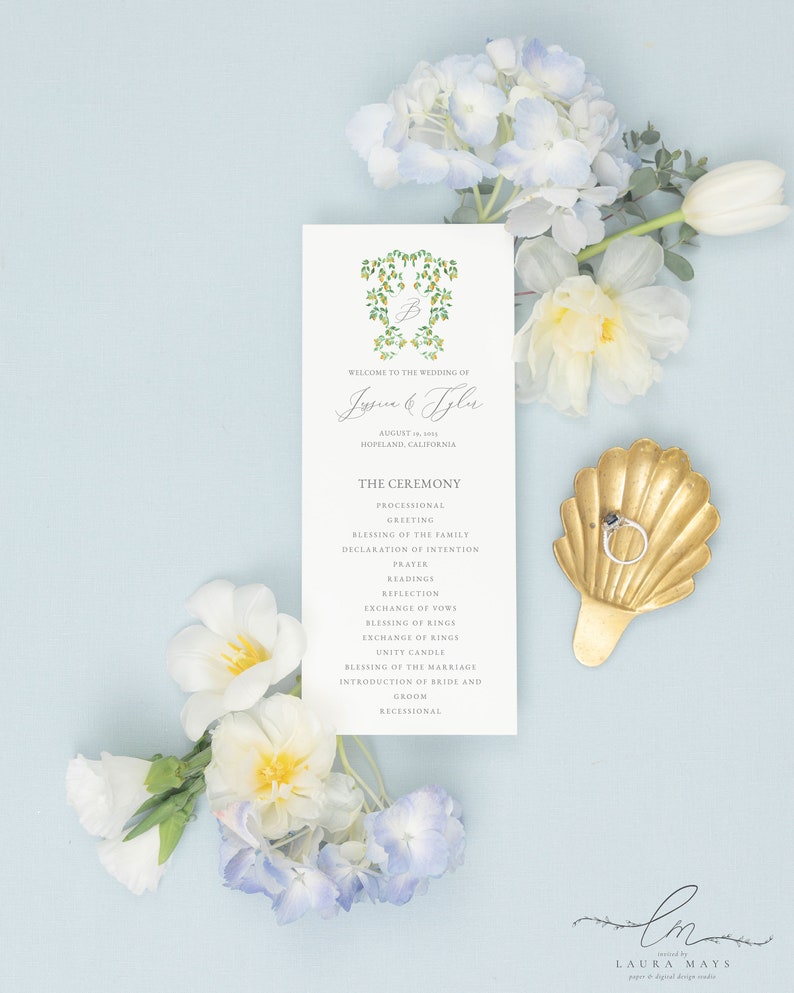 JESSICA | Lemon Monogram Crest Printable Wedding Program Template ...