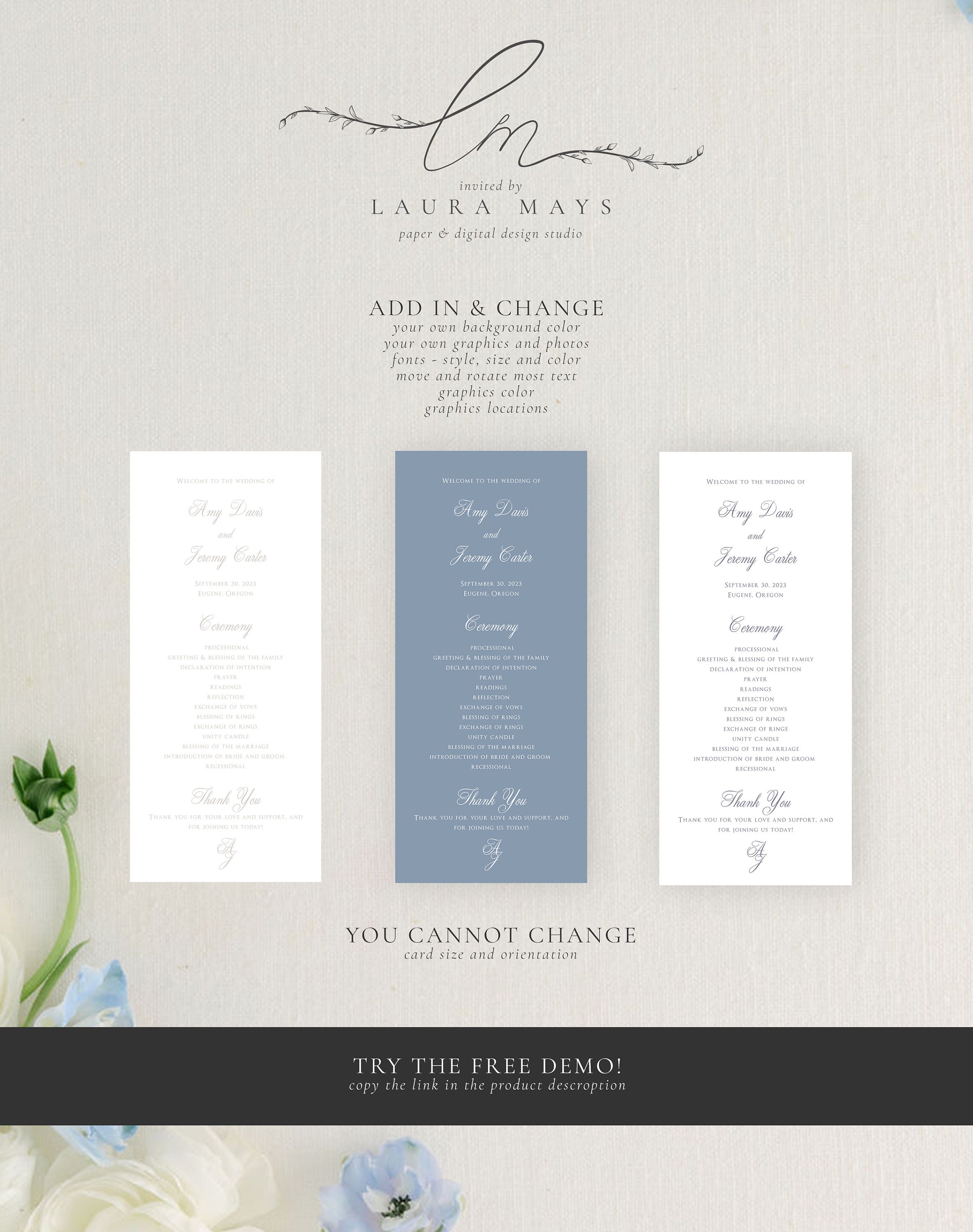 Elegant Wedding Program Template Simple Editable Tall Wedding Ceremony ...