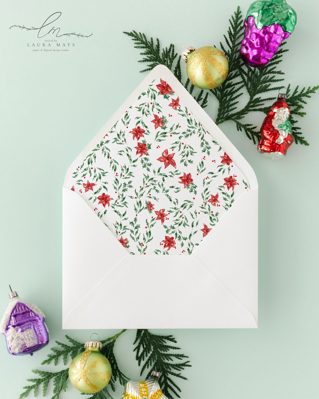 PRINTED LINER | Watercolor Poinsettia Envelope Liner | Christmas Floral ...