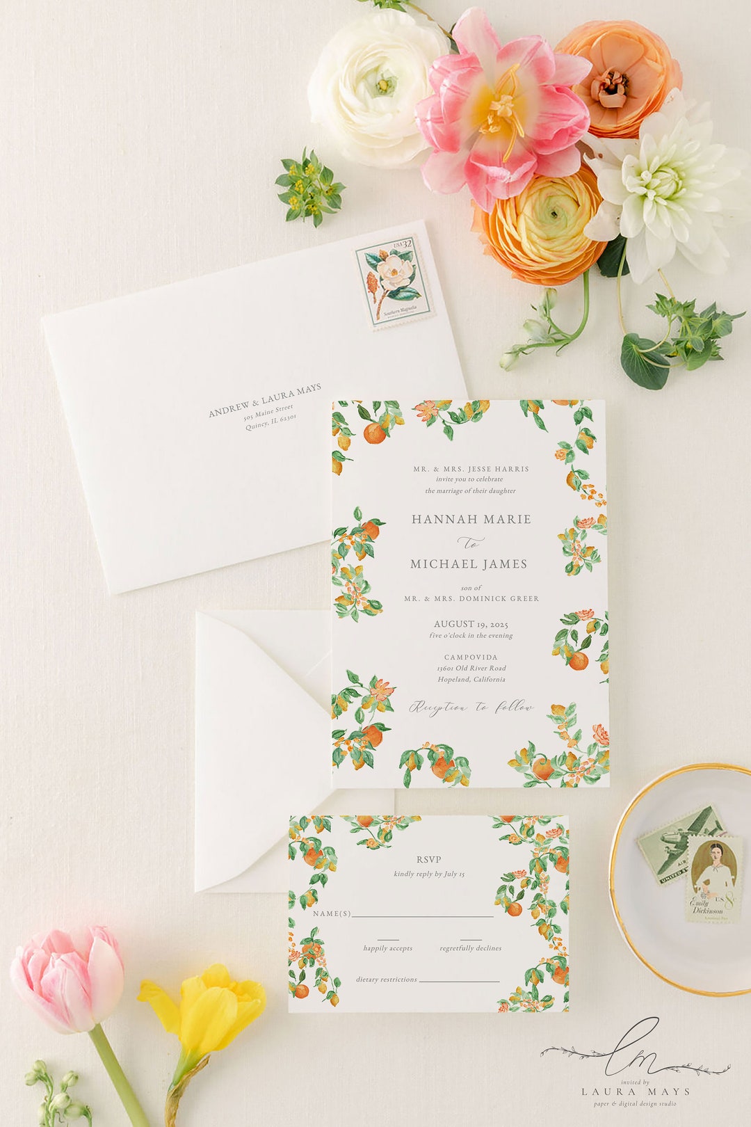 HANNAH | Citrus Wedding Invitation Download, Orange Wedding Invitation ...