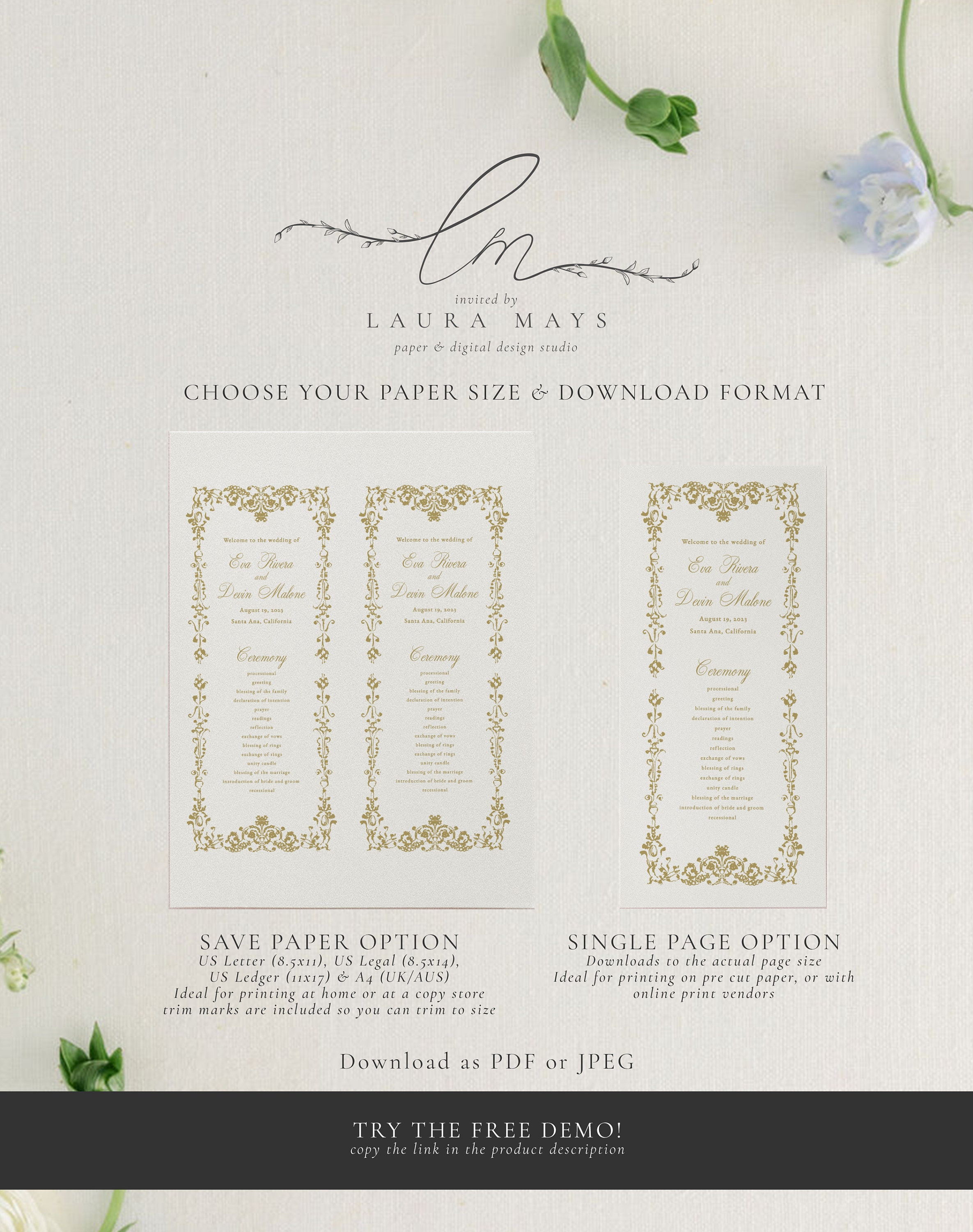 Classic Wedding Program Template Gold Elegant Vintage - Etsy
