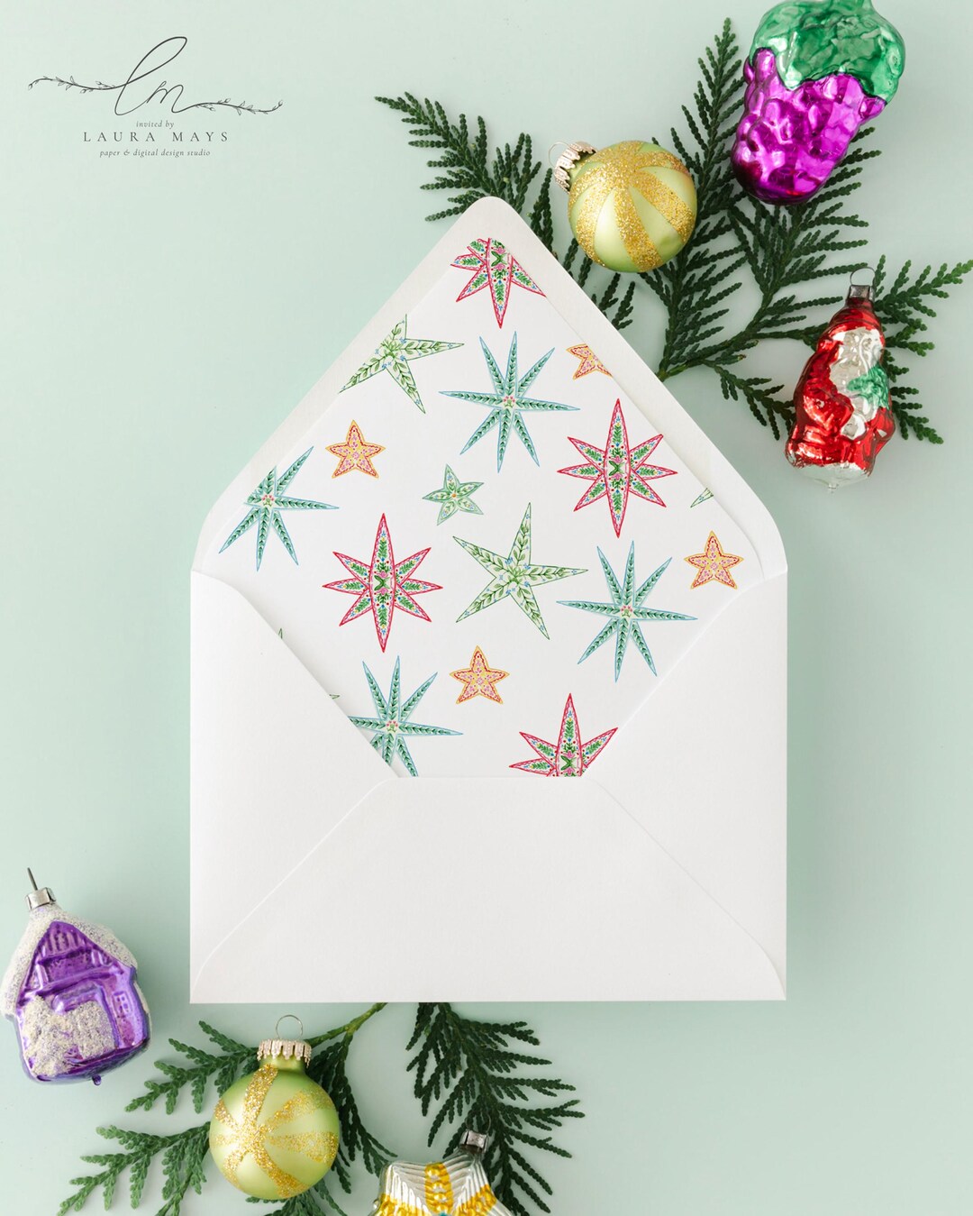 Christmas Star Envelope Liner Template | Watercolor Holiday Design ...