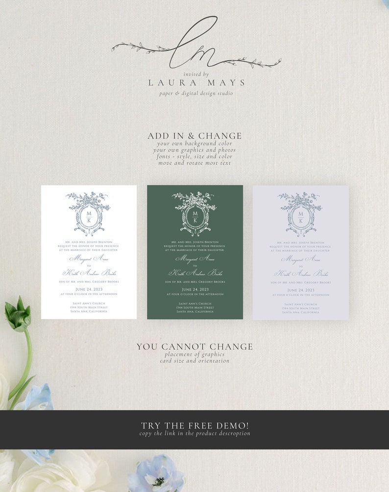 Classic Crest Wedding Invitation Suite Template Printable - Etsy