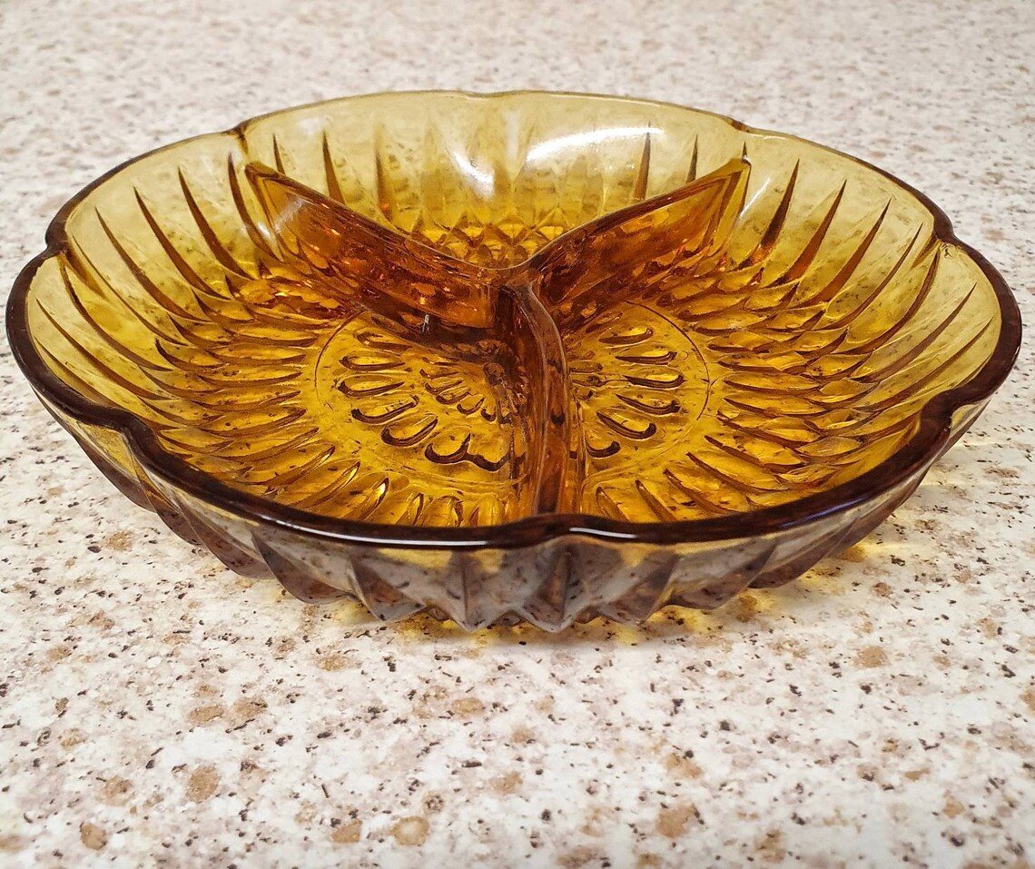 Vintage Amber Pressed Glass Divided Dish With Petal Edge - Etsy