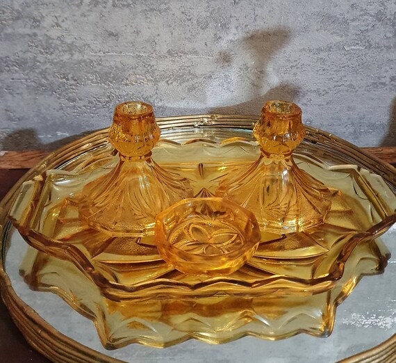 Art Deco Vintage Amber Glass Vanity Set | Etsy