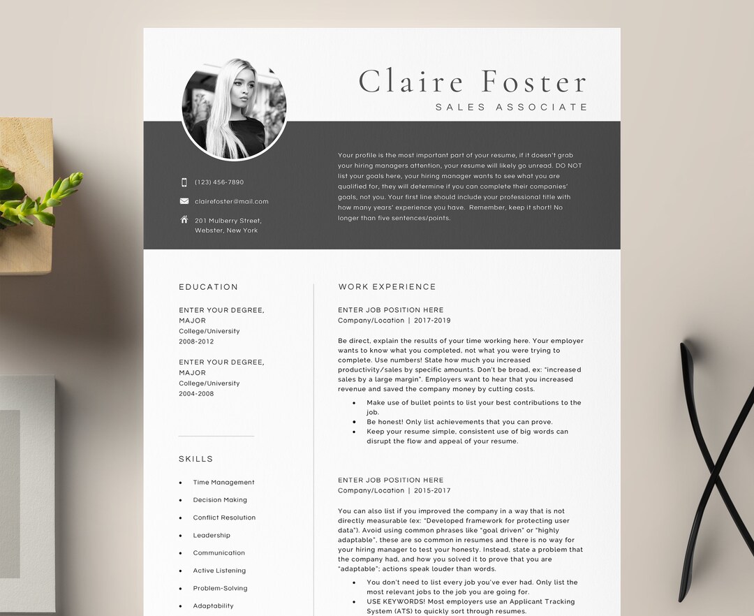 Instant Download Professional Resume Template With Photo for MS Word ...