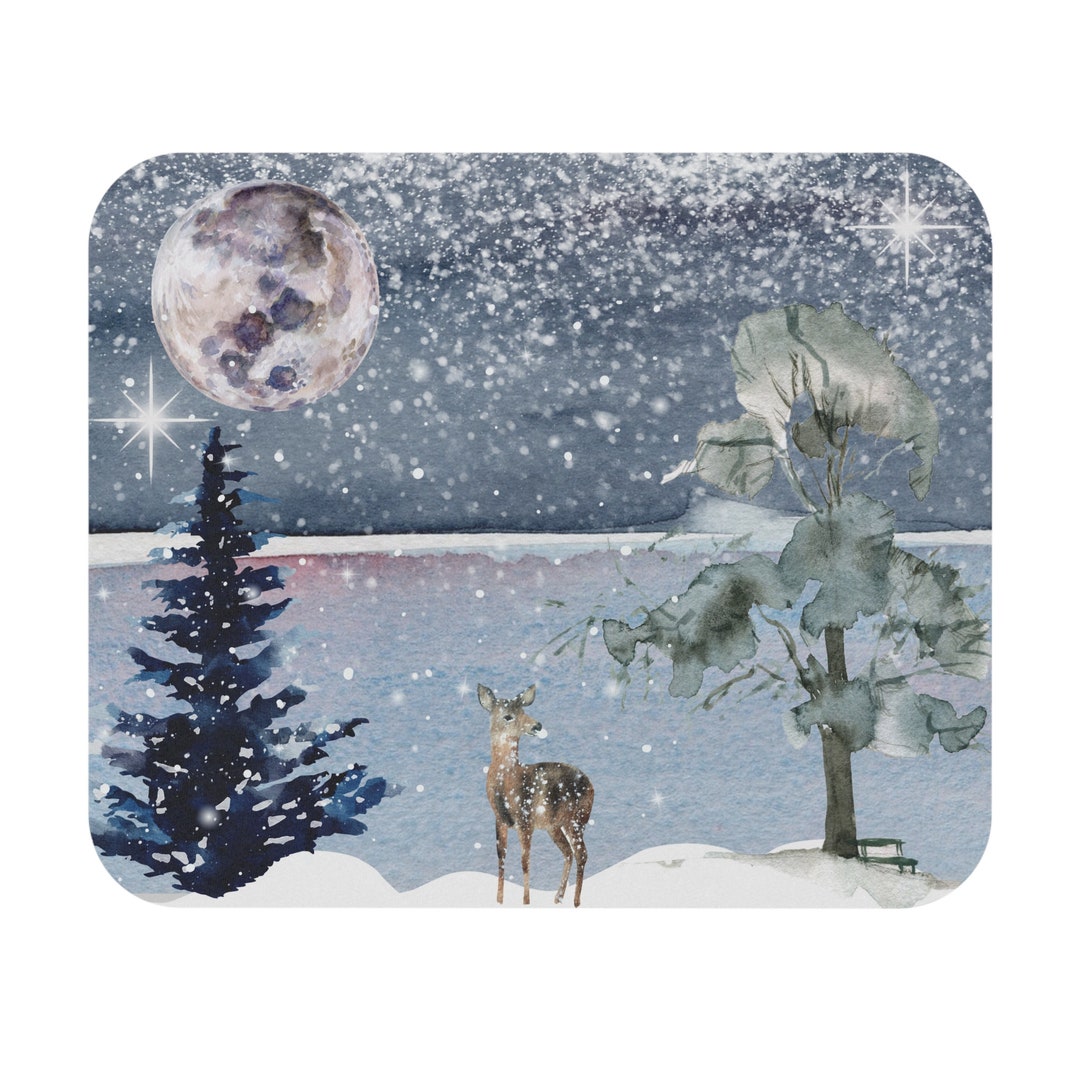 Winter Landscape Mouse Pad / Snow, Trees, Moon and Deer / Christmas ...