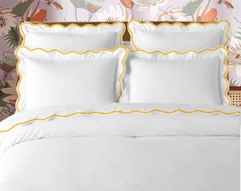 Pushp Linen 100% Cotton Scalloped 400TC Sateen Hotel Stitch Duvet Cover Set With Scalloped ...