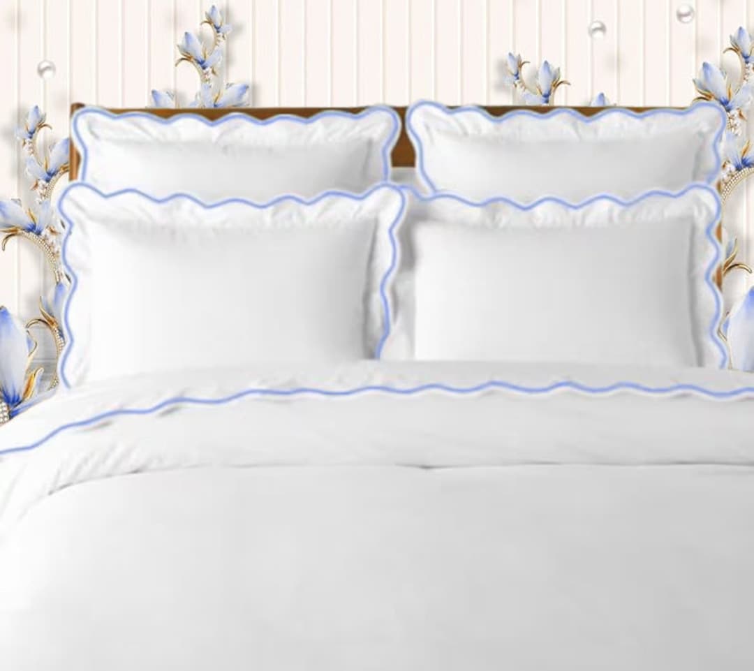 Pushp Linen 100% Cotton Scalloped 400TC Sateen Hotel Stitch Duvet Cover Set With Scalloped ...