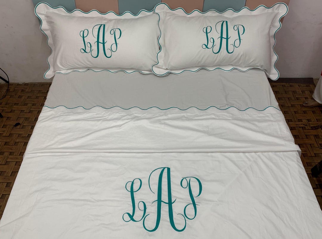 Monogram Pushp Linen 100% Cotton Scalloped 400TC Sateen Hotel Stitch Duvet Cover Set With ...