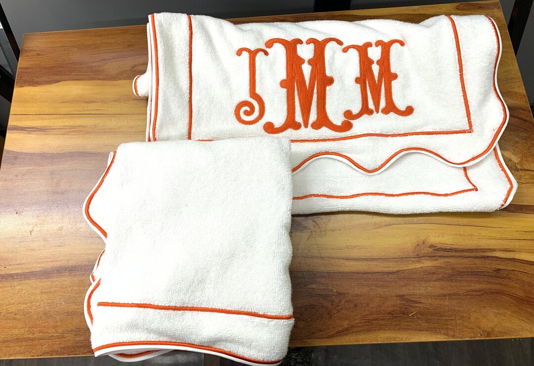 Monogram Towels Scalloped & Border Embroidery Line Cotton Bath Towels ...