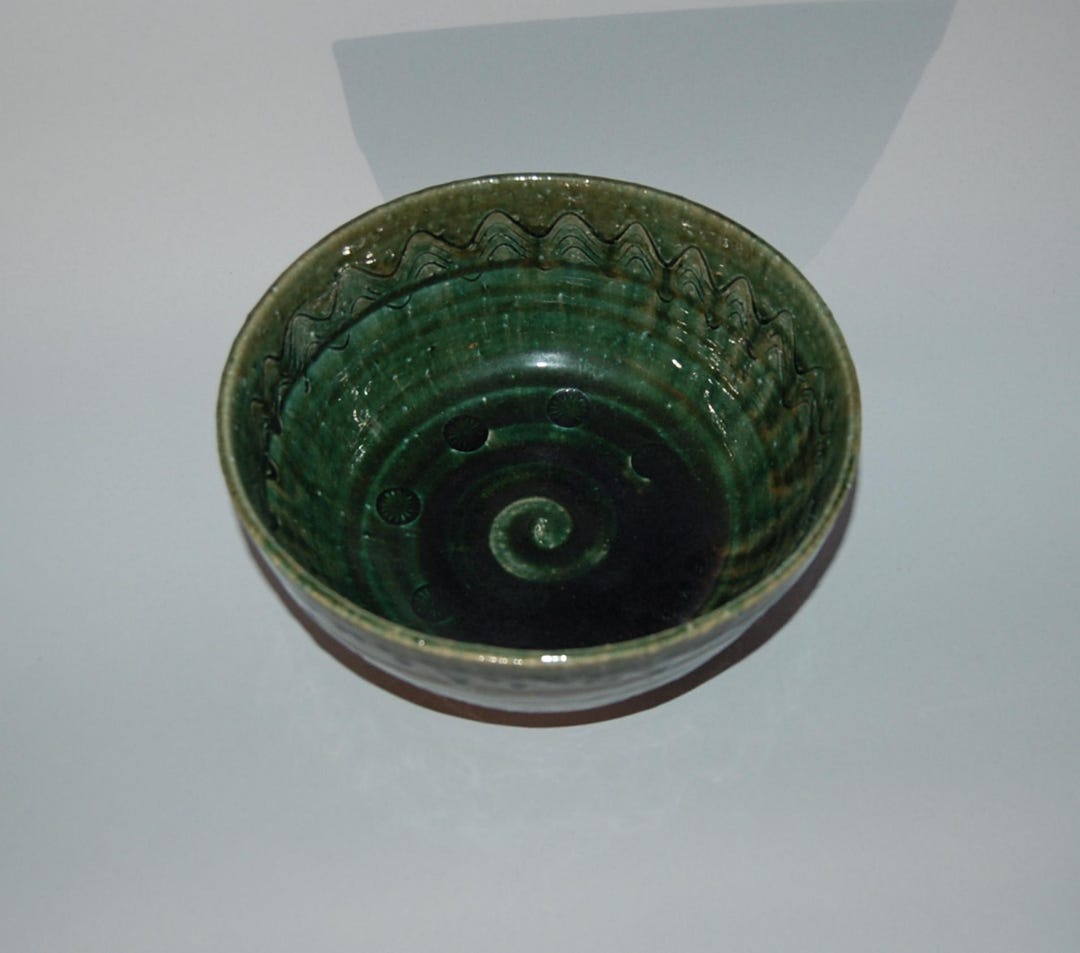 Large Ceramic Serving Bowl, Oribe Ware, Green Glazes, Waves, Flowers ...