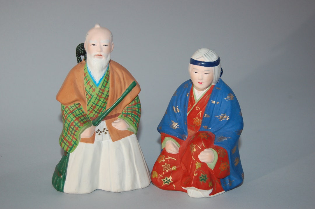 Vintage Clay Suzu Bells, Hakata Ningyo, Jo and Uba on Takasago Island ...
