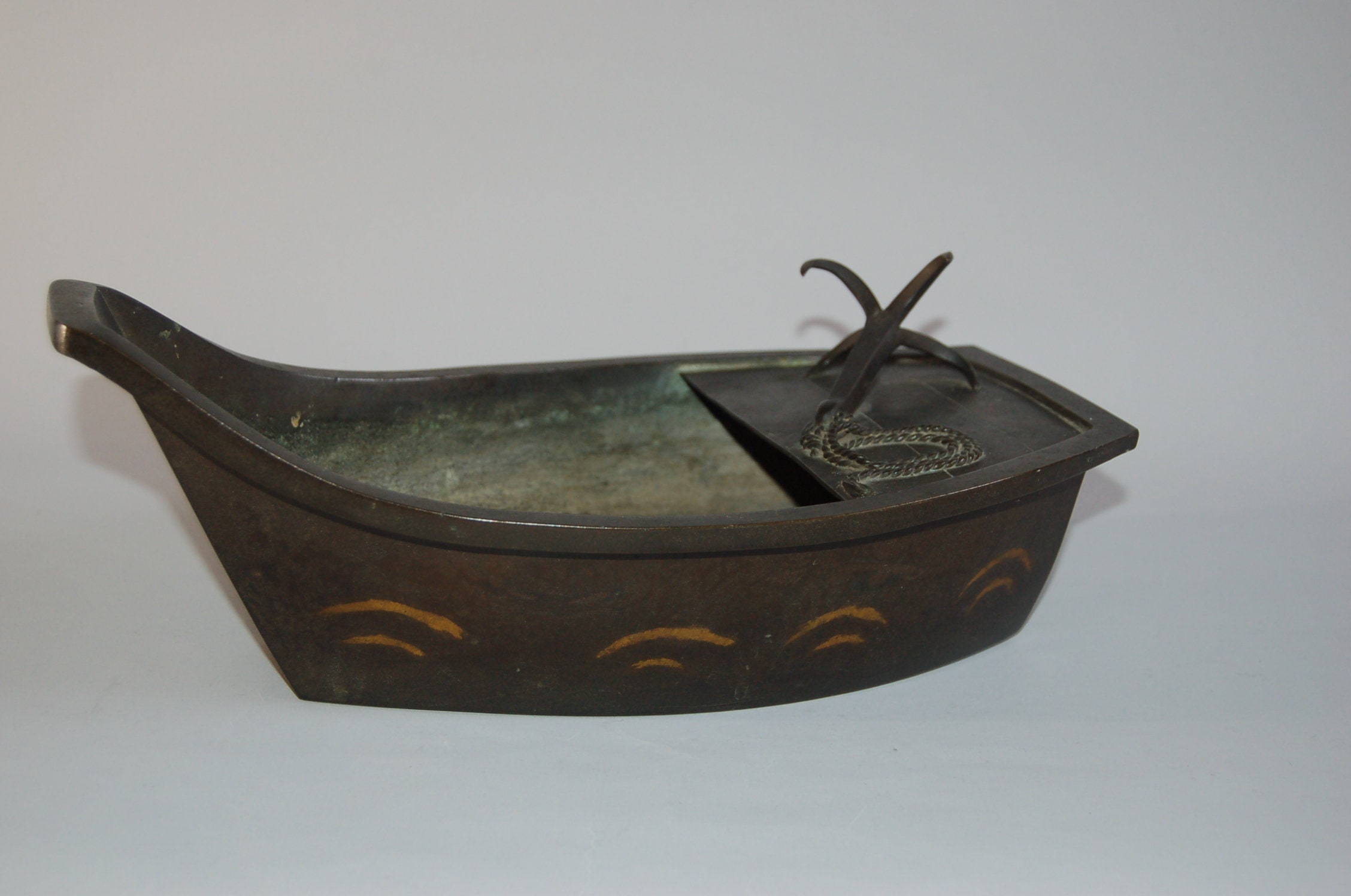 Ikebana Flower Vessel, Bronze Boat With Gold Onlay Waves, Antique ...