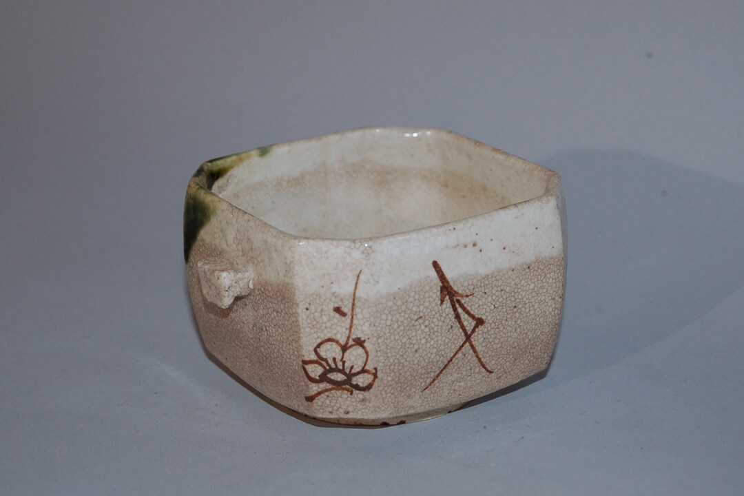 Square Mukozuke or Serving Bowl, Plum & Pine Decor, Oribe Style ...