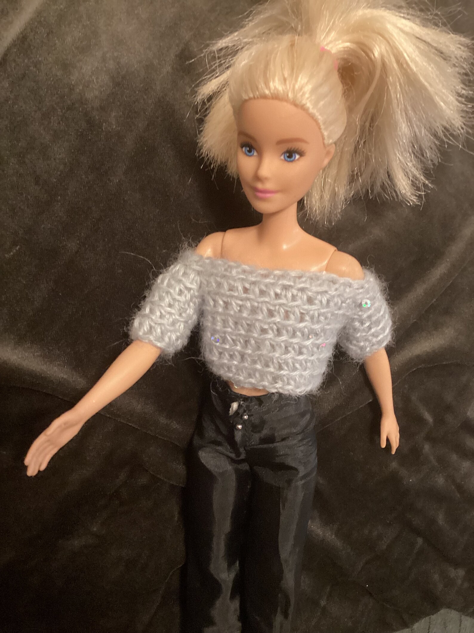 Barbie Over-shoulder Sweater, Gray/blue With Sequins - Etsy