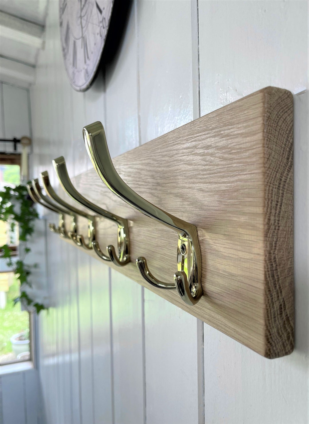 Modern Solid Wood Oak Coat Rack Zinc Alloy Polished Brass Triple Hooks ...