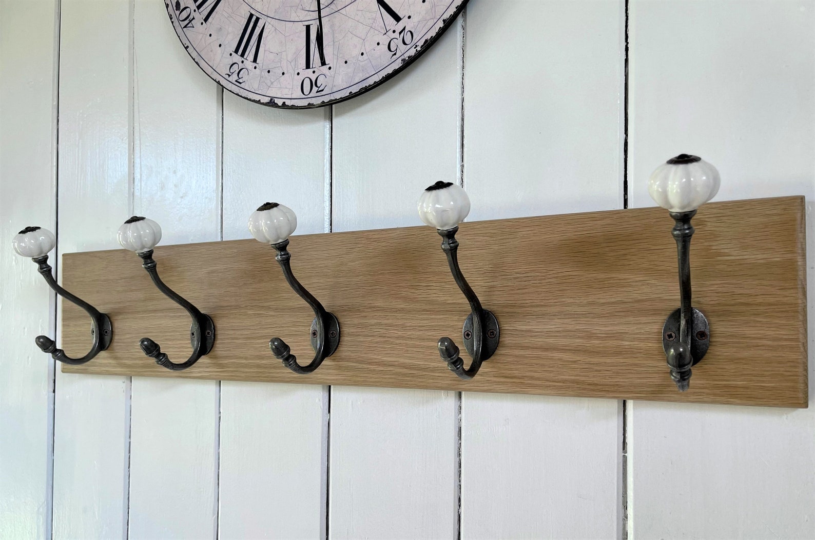 Vintage Style Oak Coat Rack - Handmade - Acorn White Hooks - Etsy UK