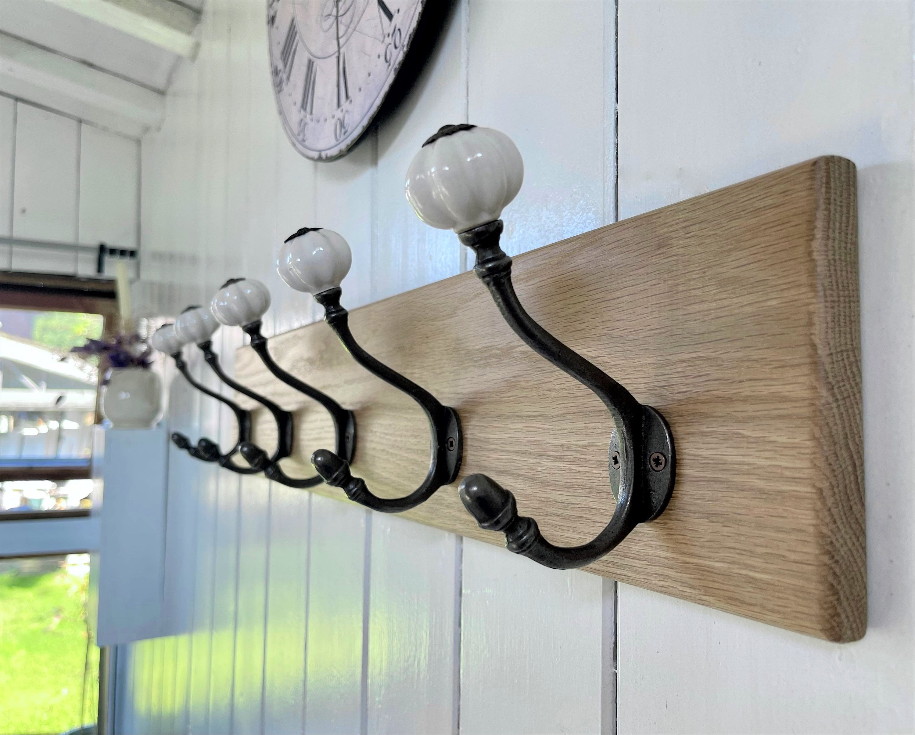 Vintage Style Oak Coat Rack - Handmade - Acorn White Hooks - Etsy UK