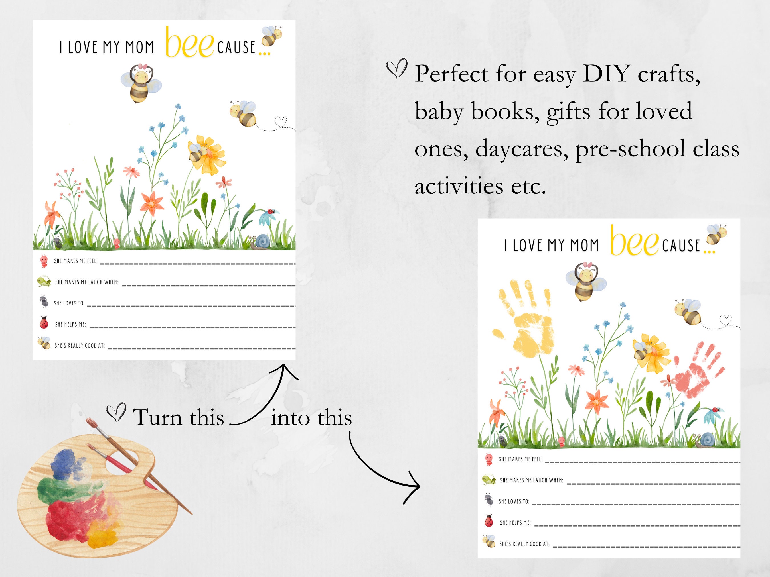 Mother's Day Handprint Craft, I Love My Mom Bee-cause Craft, Printable ...