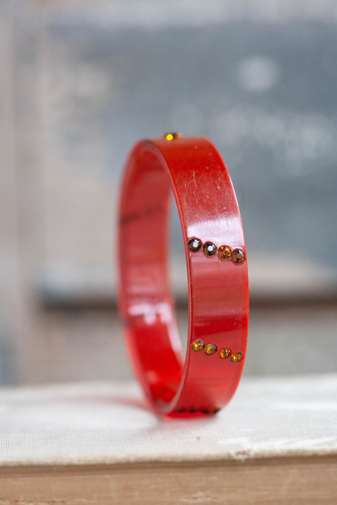 Vintage Red Fluorescent Plastic Rhinestone Bangle, Red / Orange ...