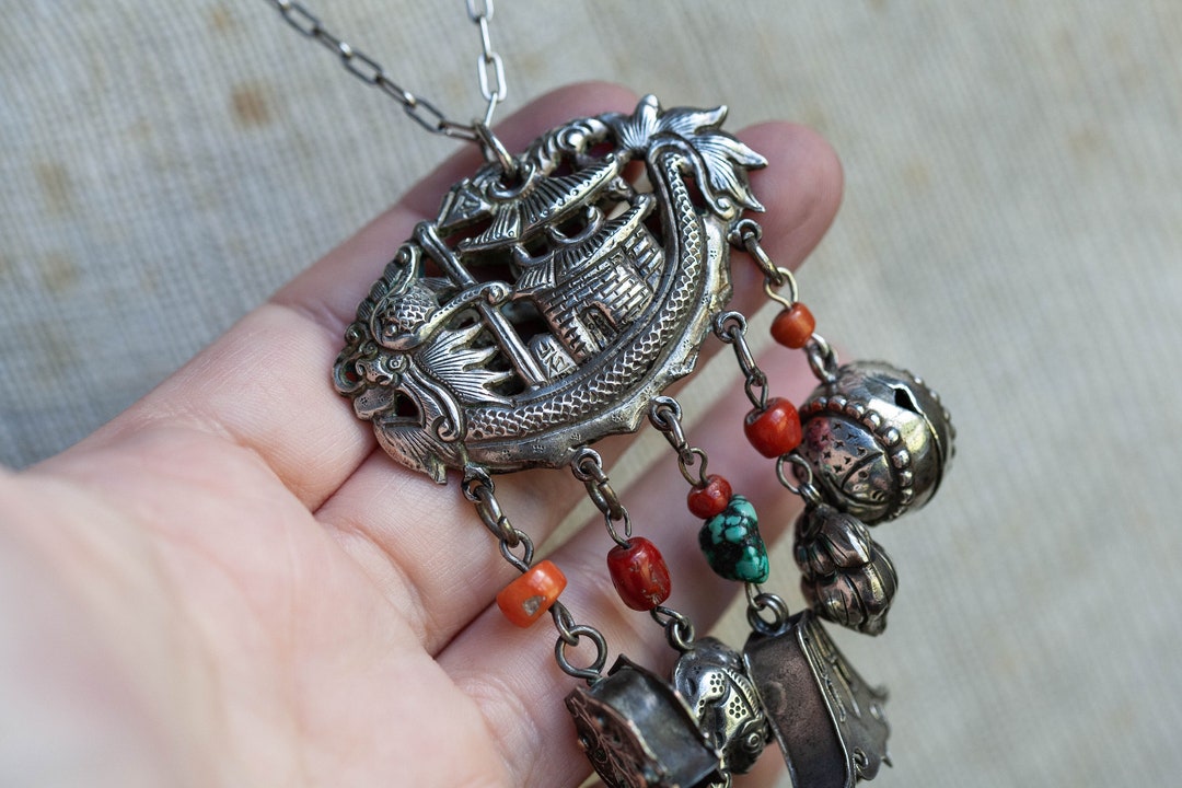 Chinese Export Silver Dragon Necklace, Chinese Export Silver Bell ...