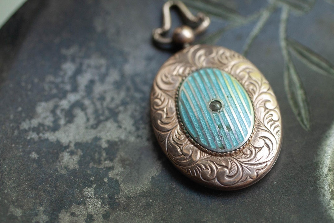 Belle Epoque Robin's Egg Blue Striped Guilloche Locket, Antique Gold ...