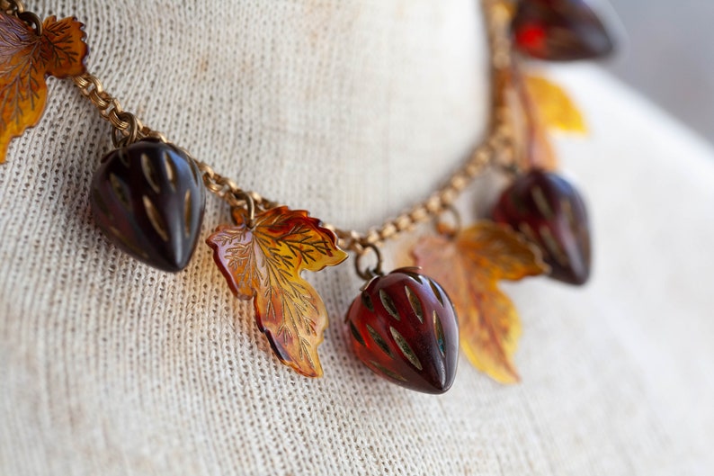 1930's Bakelite Acorn Charm Necklace, Vintage Root Beer Carved Charm ...