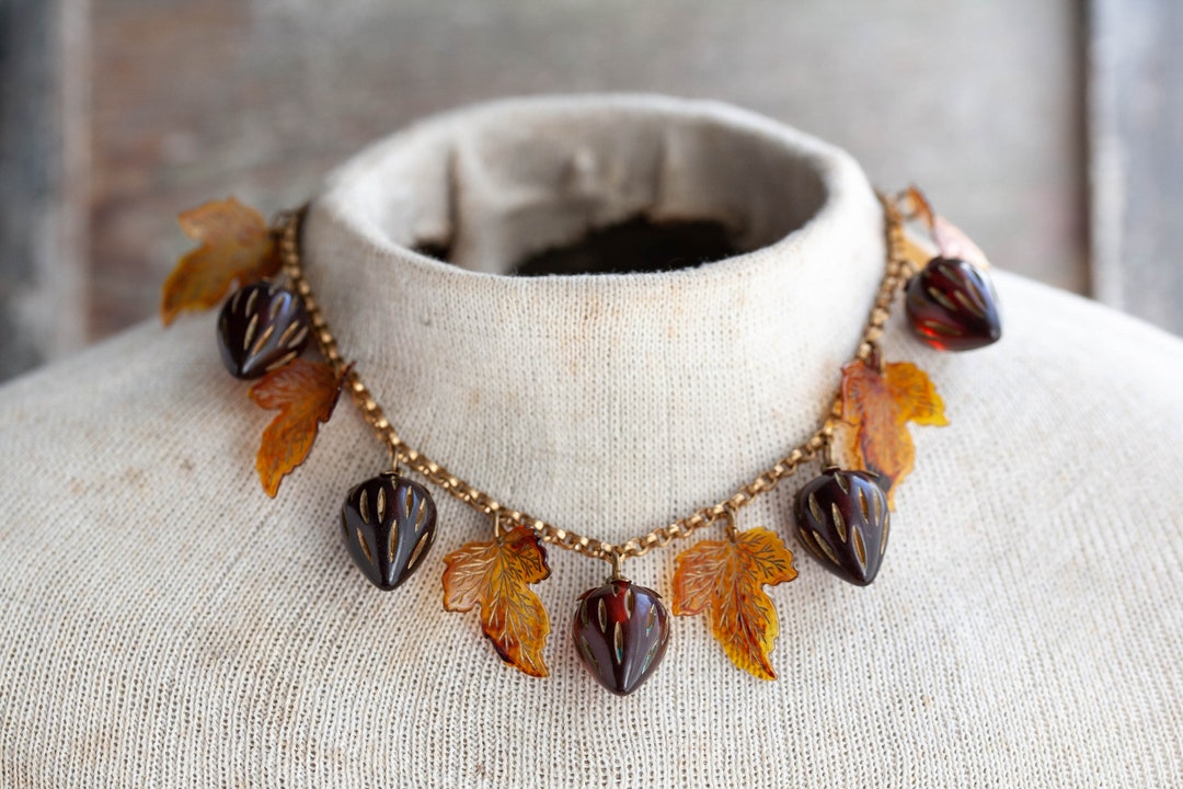 1930's Bakelite Acorn Charm Necklace, Vintage Root Beer Carved Charm ...