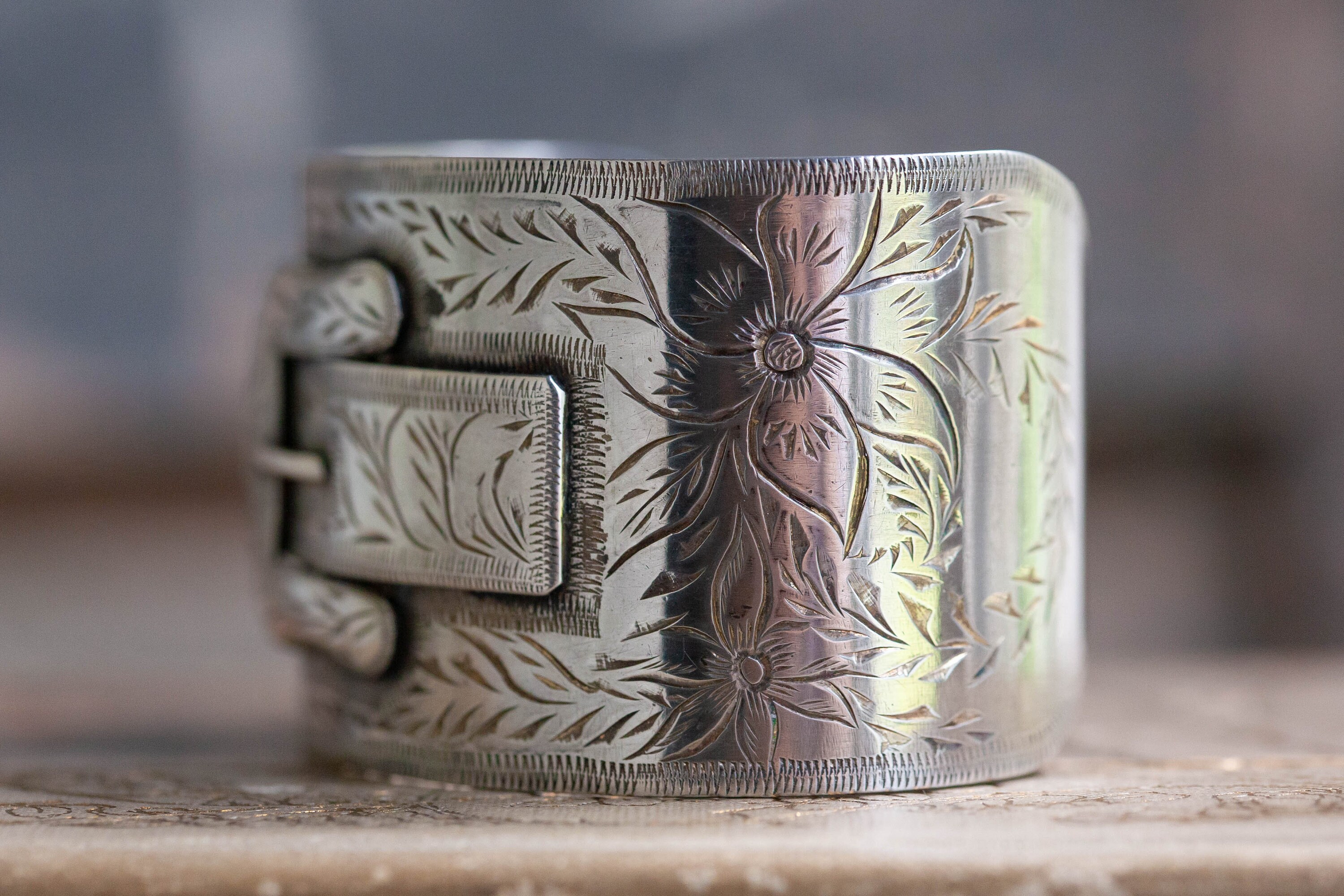 WIDE Victorian Sterling Buckle Cuff, Victorian Sterling Etched Buckle ...