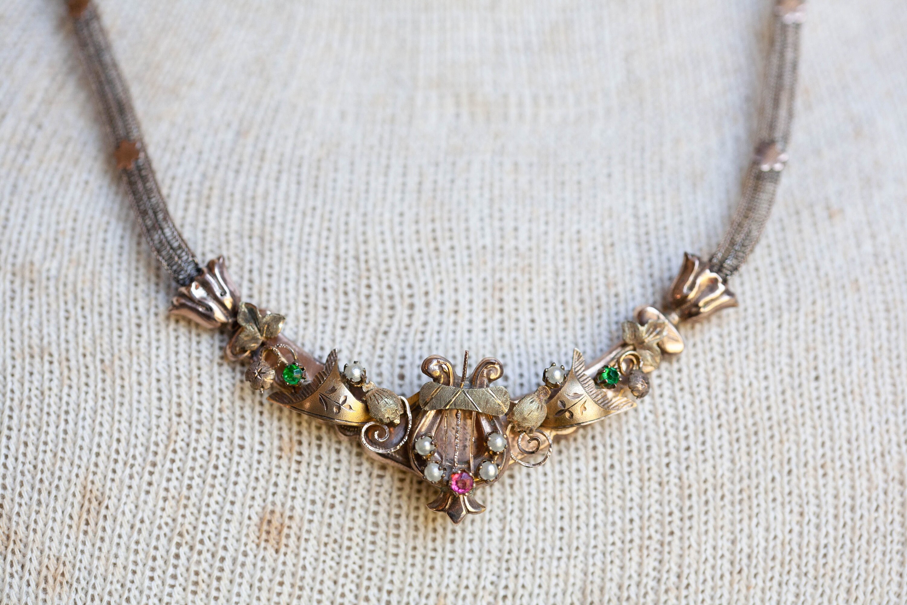 Victorian 14K Lyre Grape Leaves Pearl Ruby Emerald Necklace | Etsy