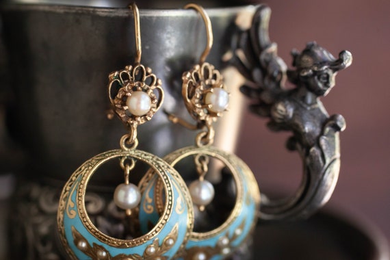 14k Victorian Revival Robins Egg Blue Enamel Earrings… Gem