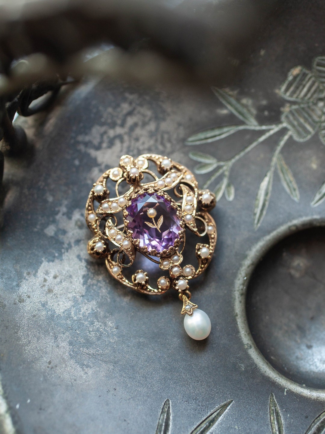 14k Rose of Sharon Amethyst Seed Pearl Pendant, Victorian Revival ...