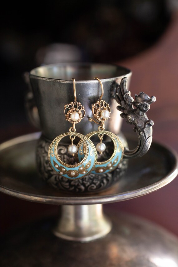14K Victorian Revival Robins Egg Blue Enamel Earrings… - Gem